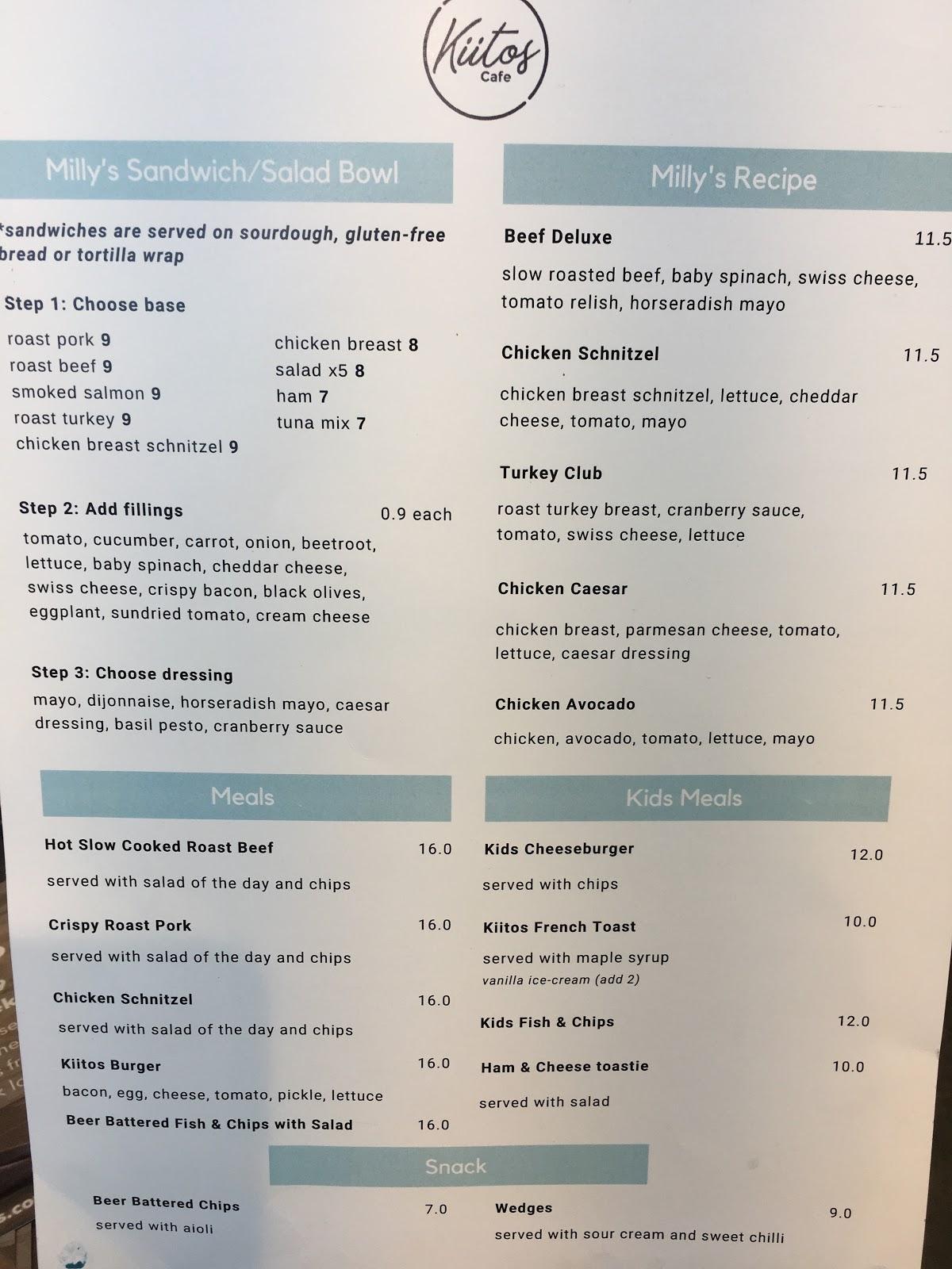 Menu at Kiitos Cafe, Canberra