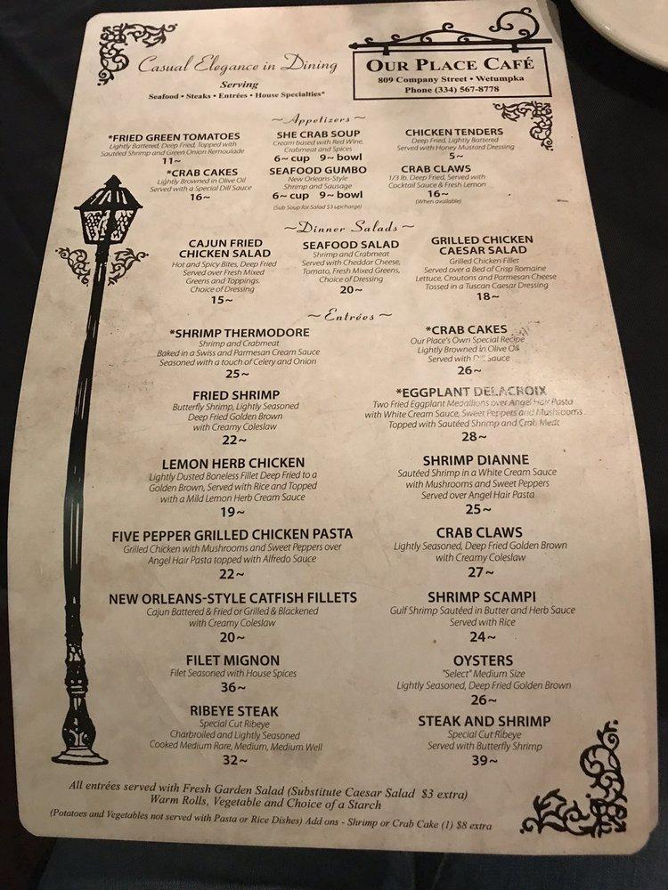 Menu at Our Place Cafe, Wetumpka