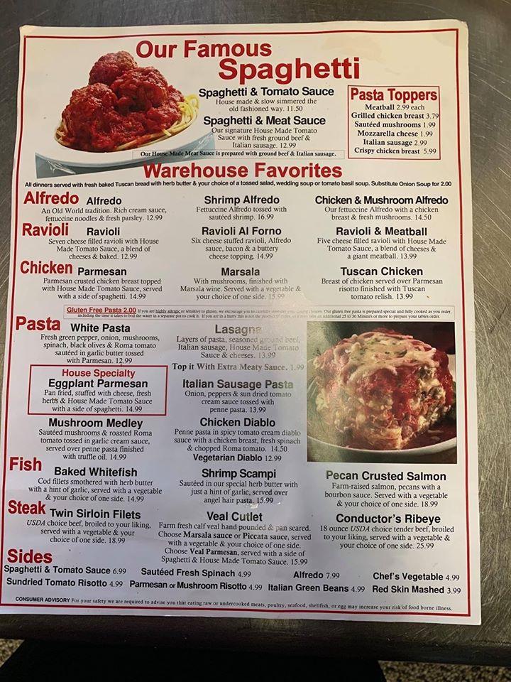 Menu at The Warehouse restaurant, Marion