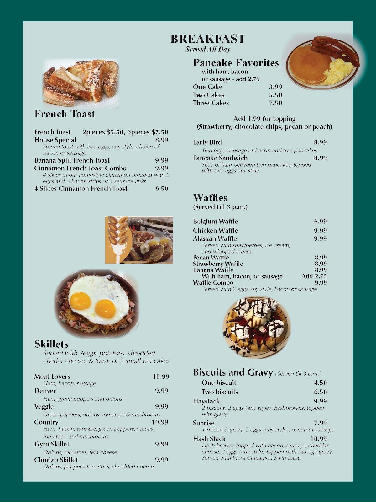 Menu at Tony's Diner restaurant, Bloomington