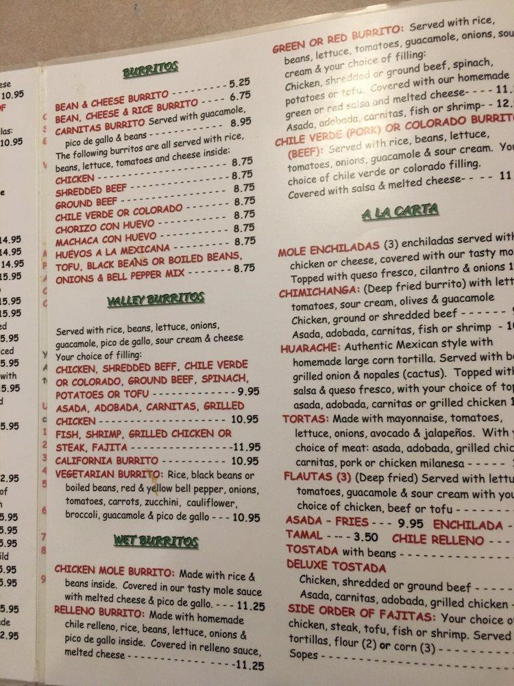 Carta de Valley Azteca Restaurant, Arcata