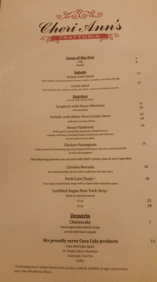 Menu at Cheri Ann's Trattoria restaurant, Broken Arrow