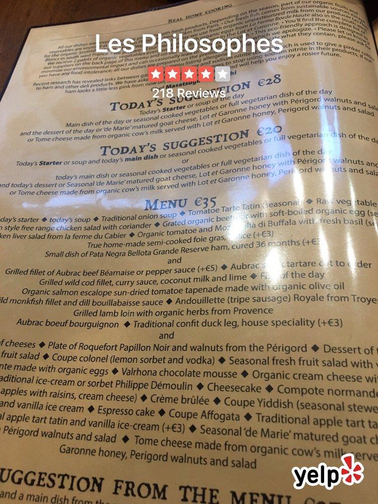 Menu at Les Philosophes restaurant, Paris, 28 Rue Vieille du Temple