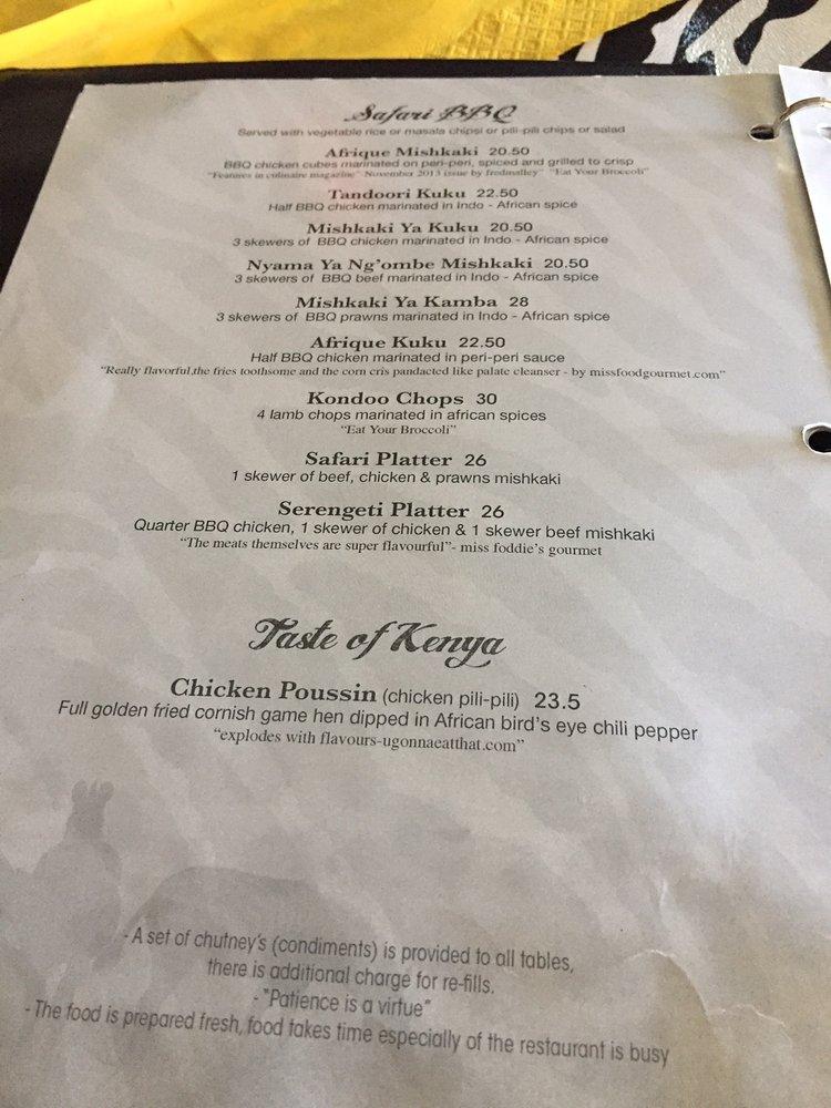 Menu at Safari Grill restaurant, Calgary