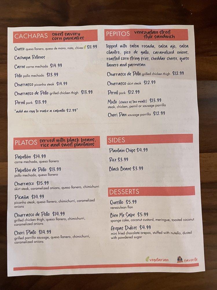 Carta del restaurante Señora Arepa, Louisville