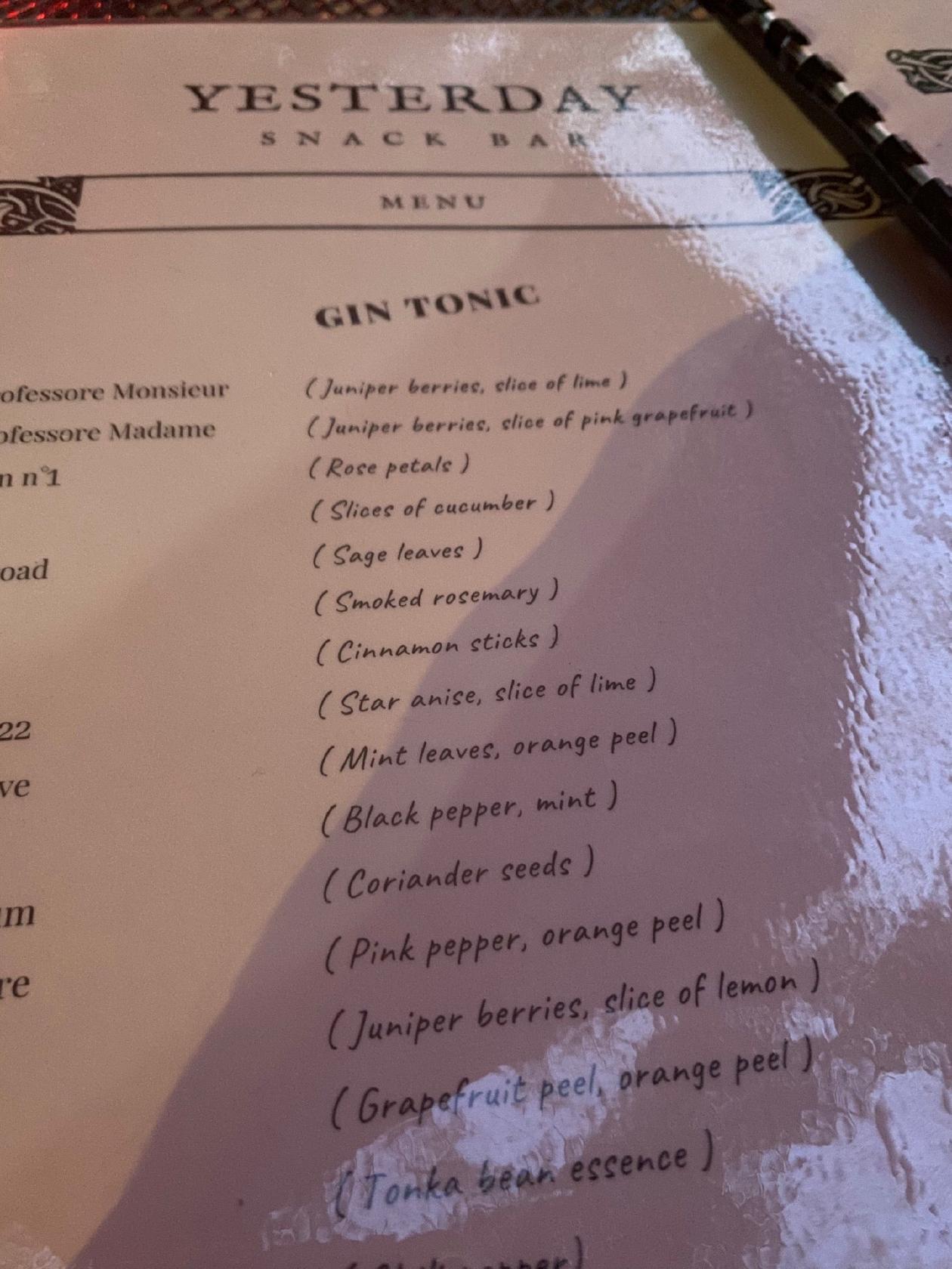 Menu da Bar Yesterday, Orosei