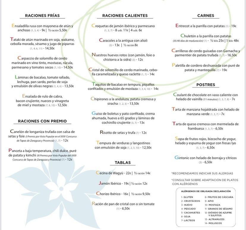 Carta del pub y bar Cantina Borago, Zaragoza
