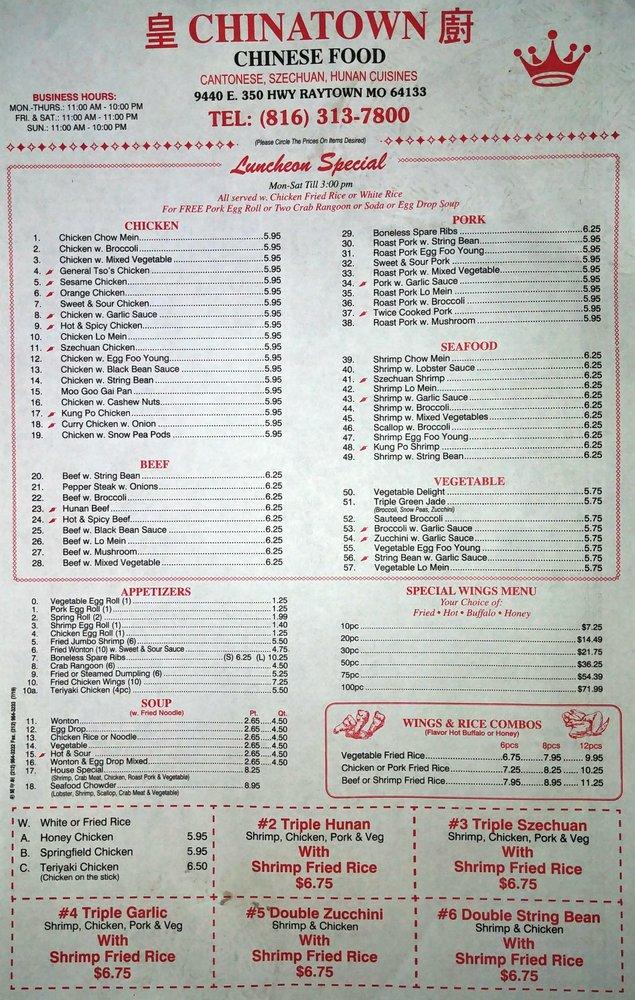 Menu at China Town restaurant, Raytown