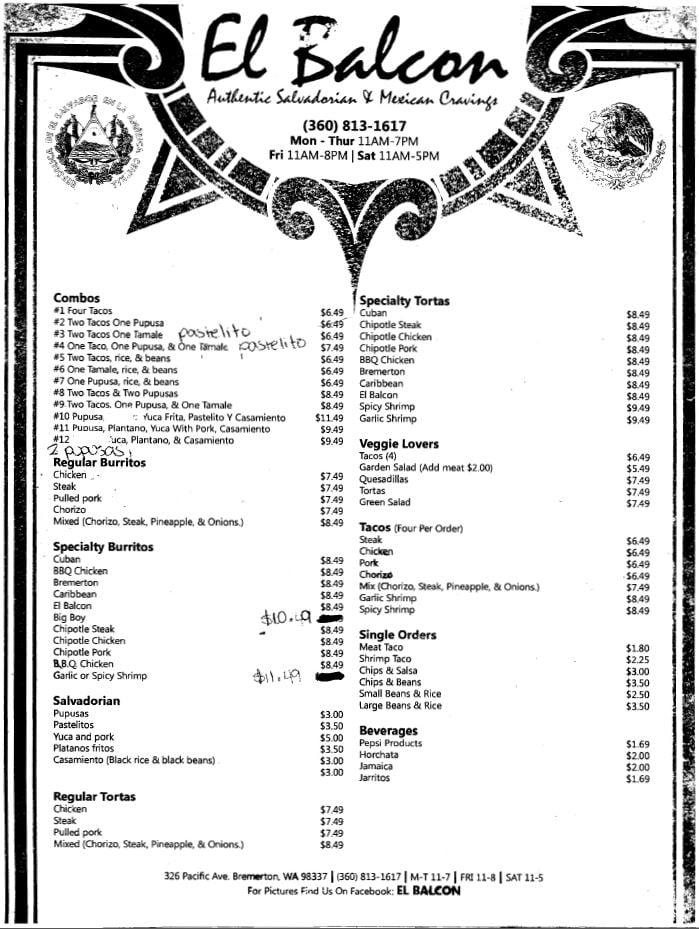 Menu at El Balcon restaurant, Bremerton