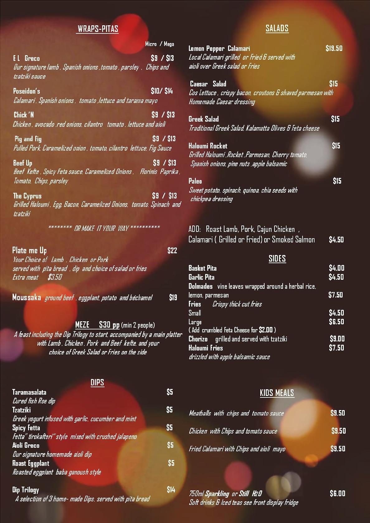 Carta de El Greco Cafe, Stirling