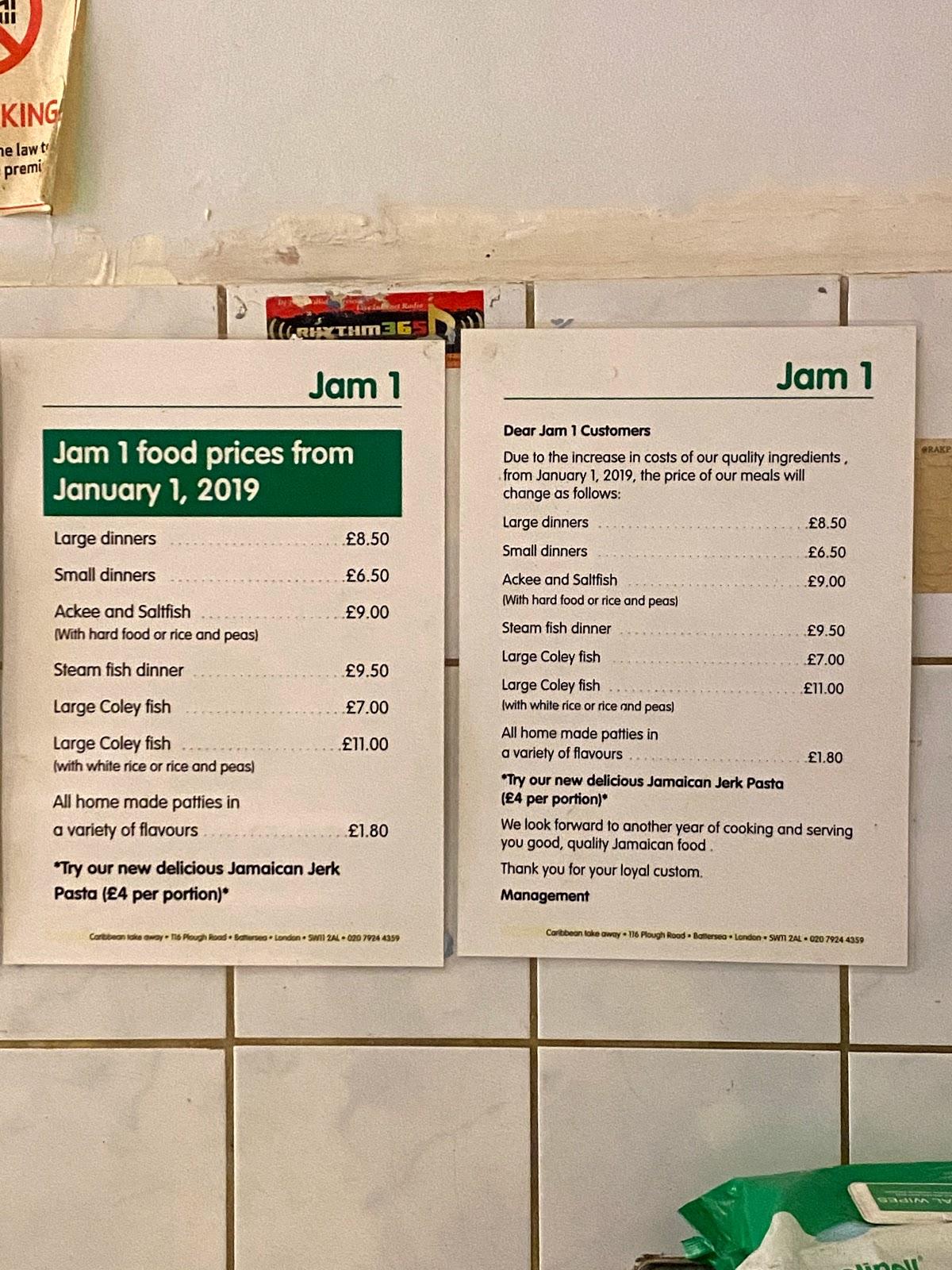 Menu at Jam1 Caribbean Takeaway cafe, London, 116 Plough Rd