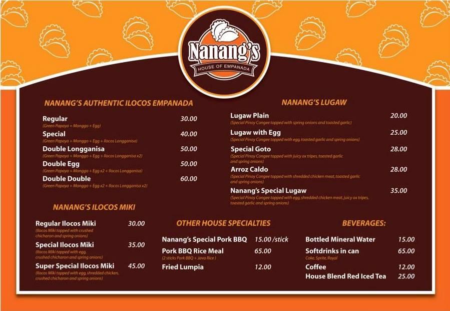 Menu at Nanang's House of Empanada restaurant, Manila