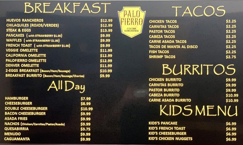 Menu at Palo Fierro Tacos restaurant, Rancho Cucamonga