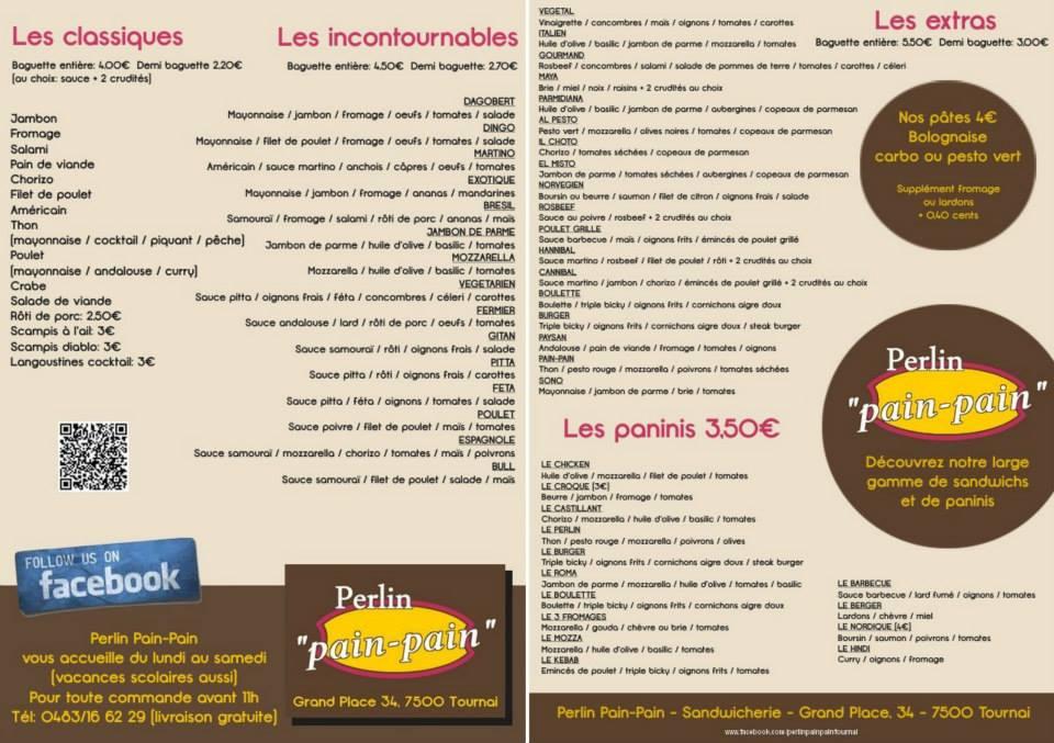 Menu at Perlin pain-pain, Tournai