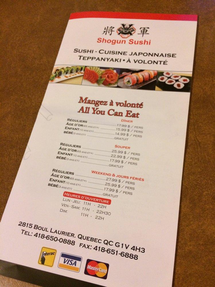 Menu au Shogun Sushi restaurant, Québec, Bd Laurier