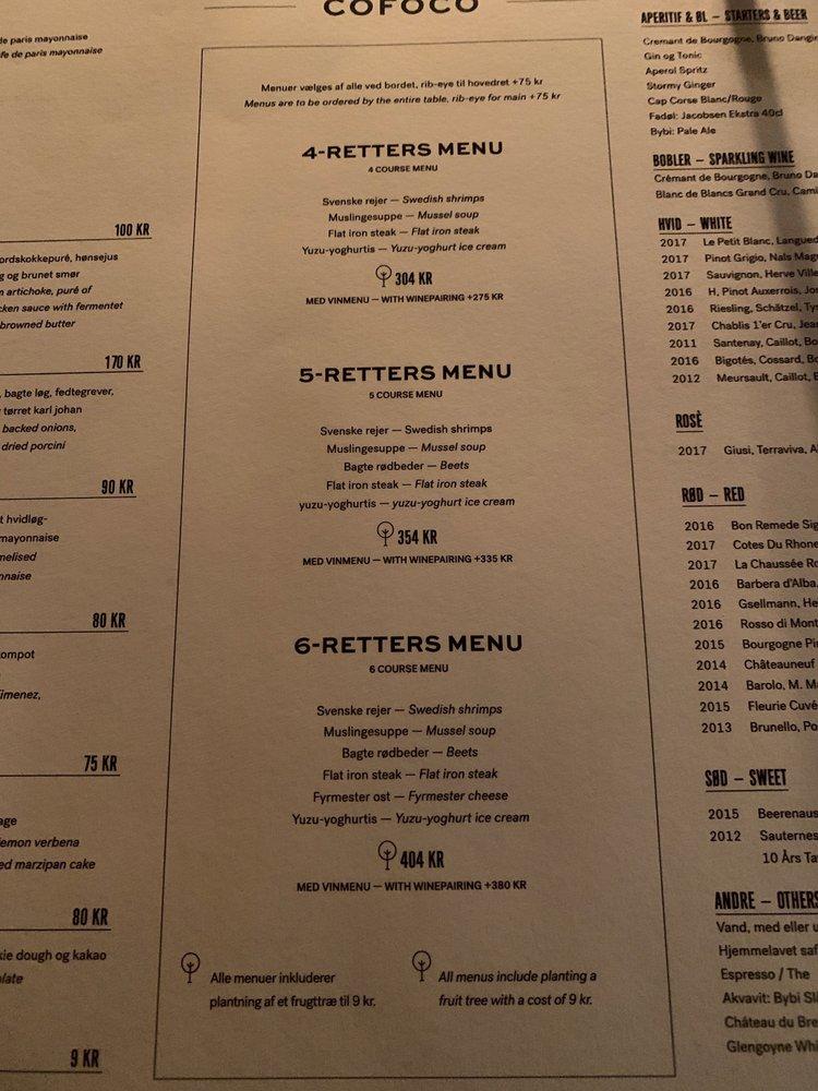 Menu at Cofoco restaurant, Copenhagen, Abel Cathrines Gade 7