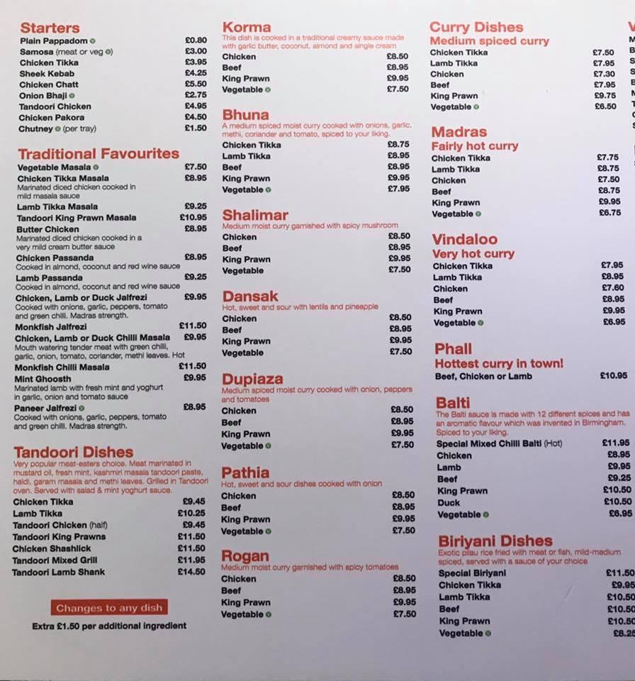 Menu at Indian-Thai restaurant, Brixham