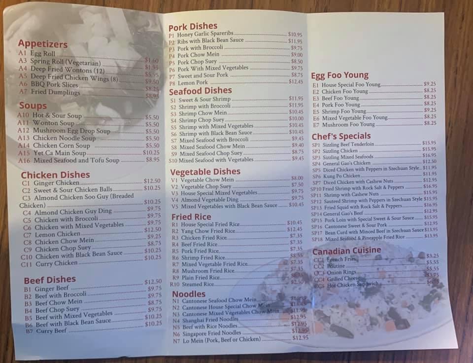 Carta del restaurante New Wing Wah, Halifax
