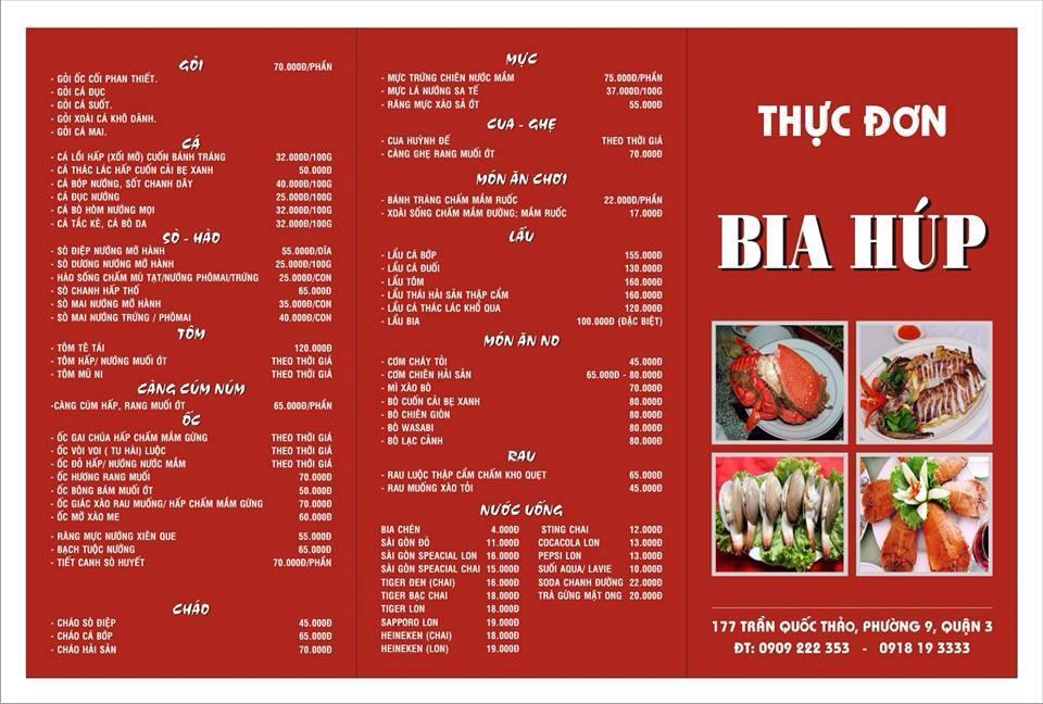 Menu at Bia Húp restaurant, Ho Chi Minh City