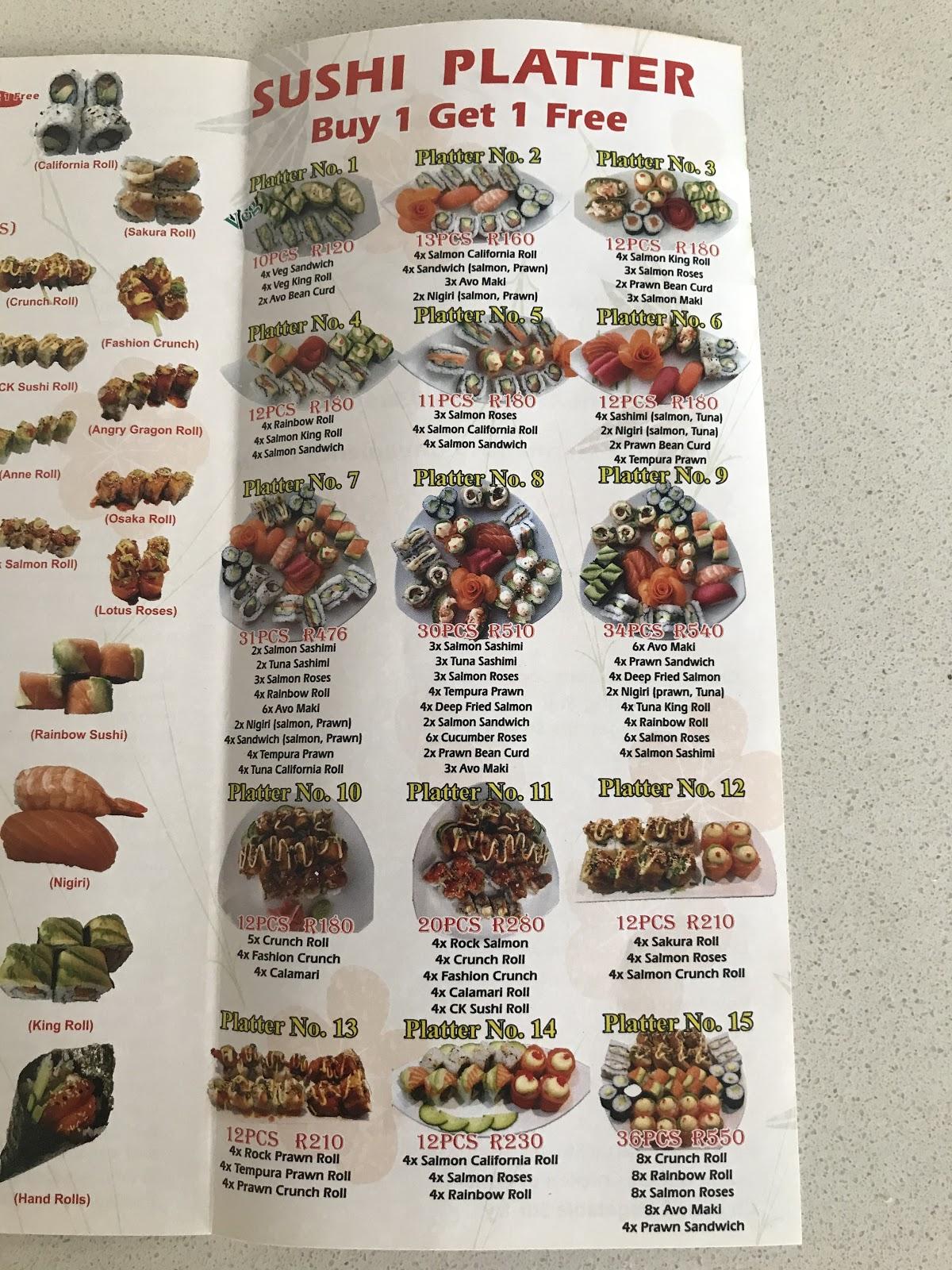 Carta del restaurante CK Sushi, Sandbaai, engen convenience station