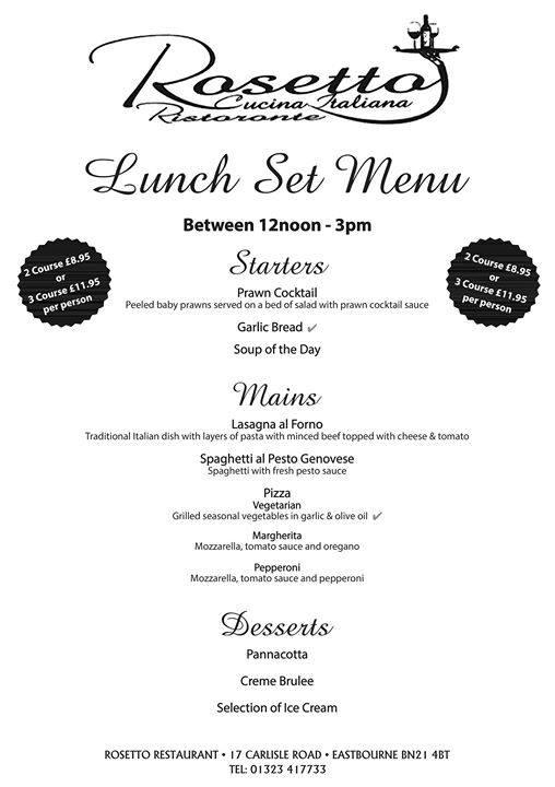 Menu at Rosetto restaurant, Eastbourne