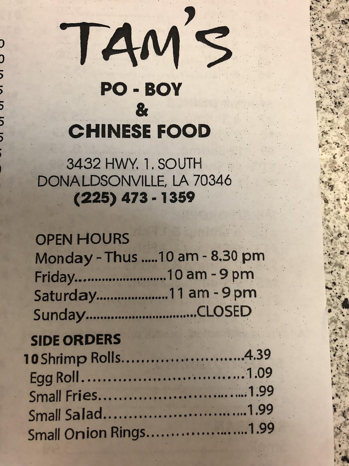 Menu at Tam's Seafood restaurant, Donaldsonville