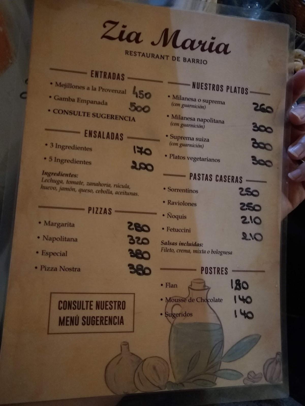 Menu at Zia MARIA restaurant, Mar del Plata