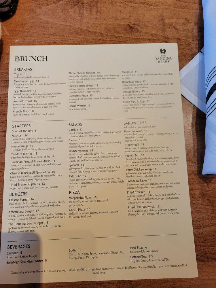 Menu at Dancing Bears Restaurant, Lake Placid, Main St