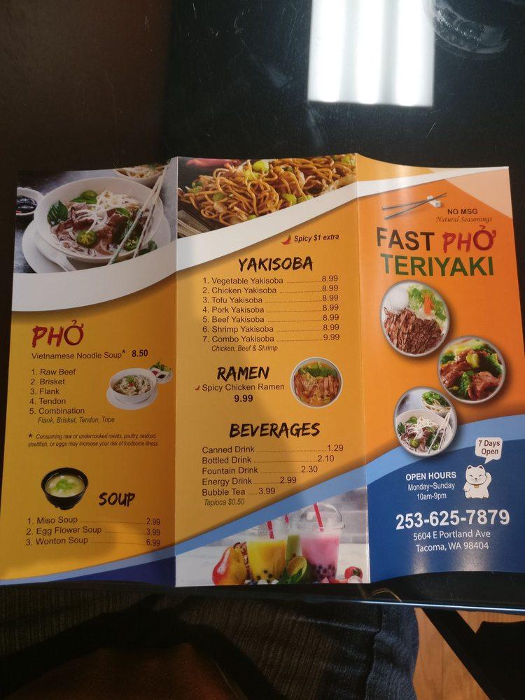 Menu at Fast pho teriyaki restaurant, Tacoma
