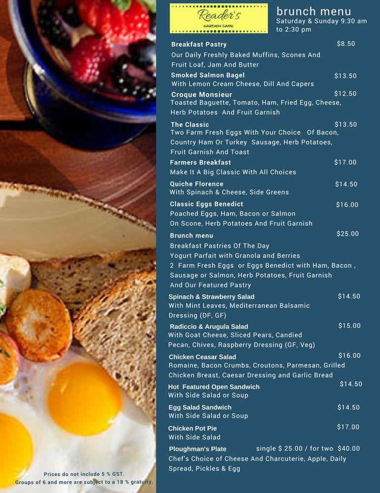 Menu at Reader's Garden Cafe, Calgary