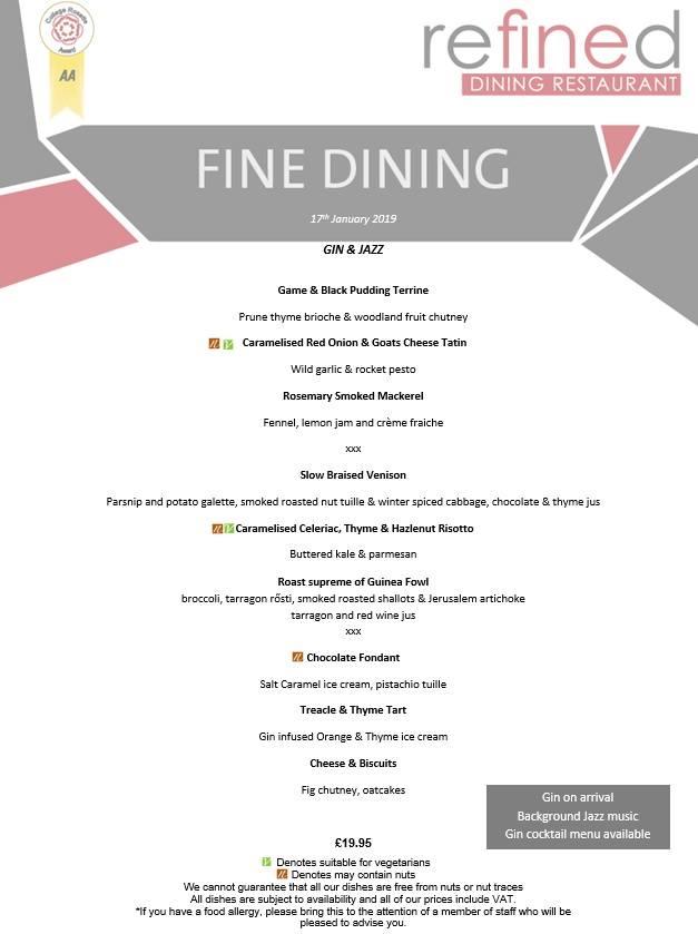 Menu at Refined restaurant, Mansfield