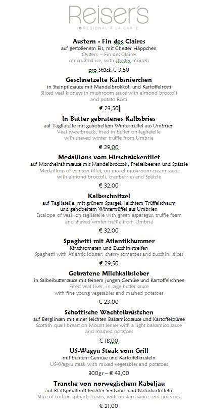 Speisekarte von Restaurant Reiser's, Garmisch-Partenkirchen, Mühlstr. 22