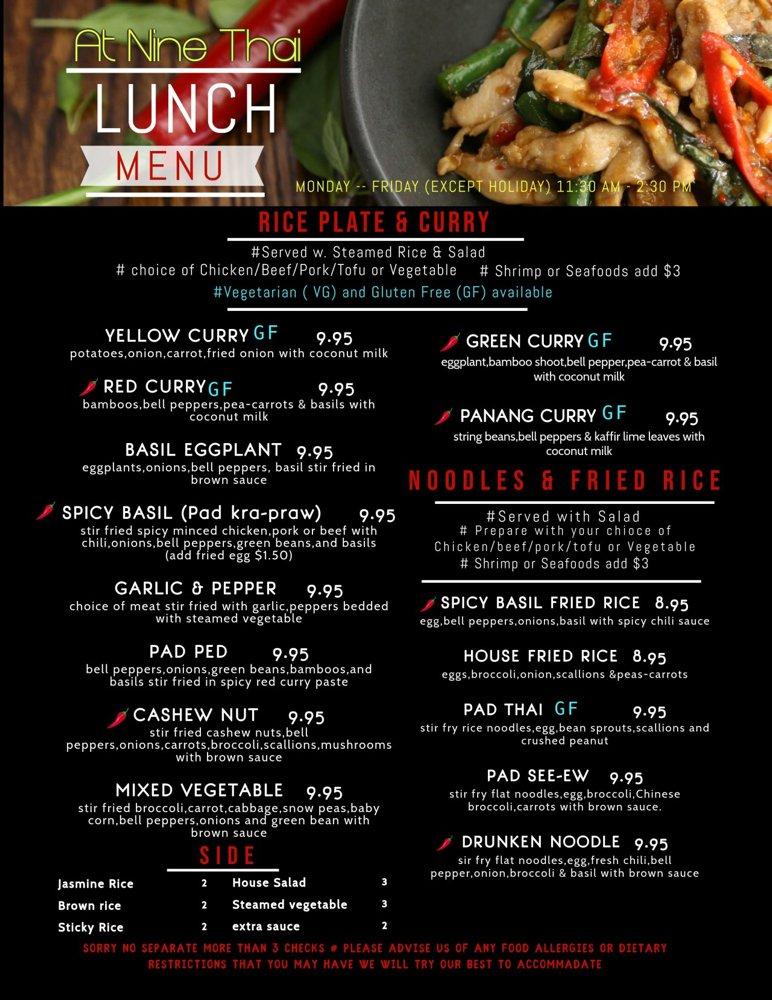 Menu at At Nine Thai restaurant, Centennial