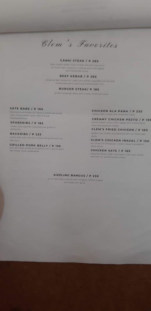 Menu at Clem's cafe, Bacolod