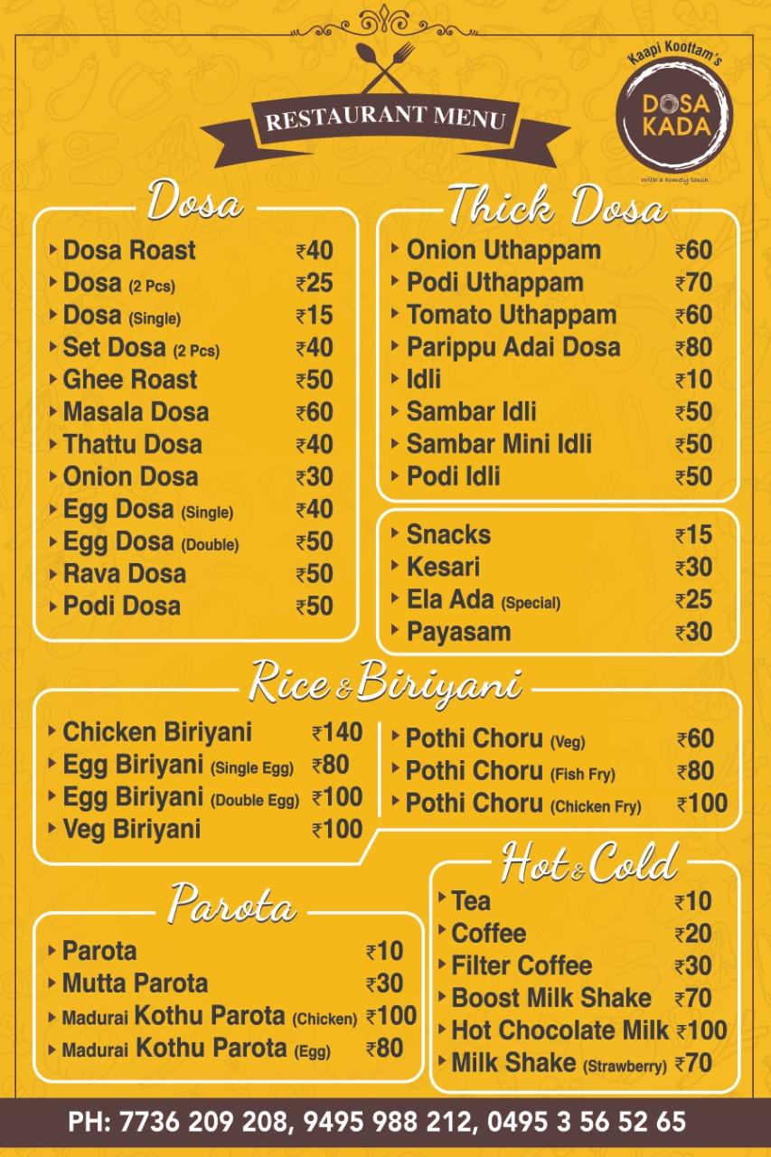 Menu at Kaapi Koottam's Dosa Kada, Kozhikode