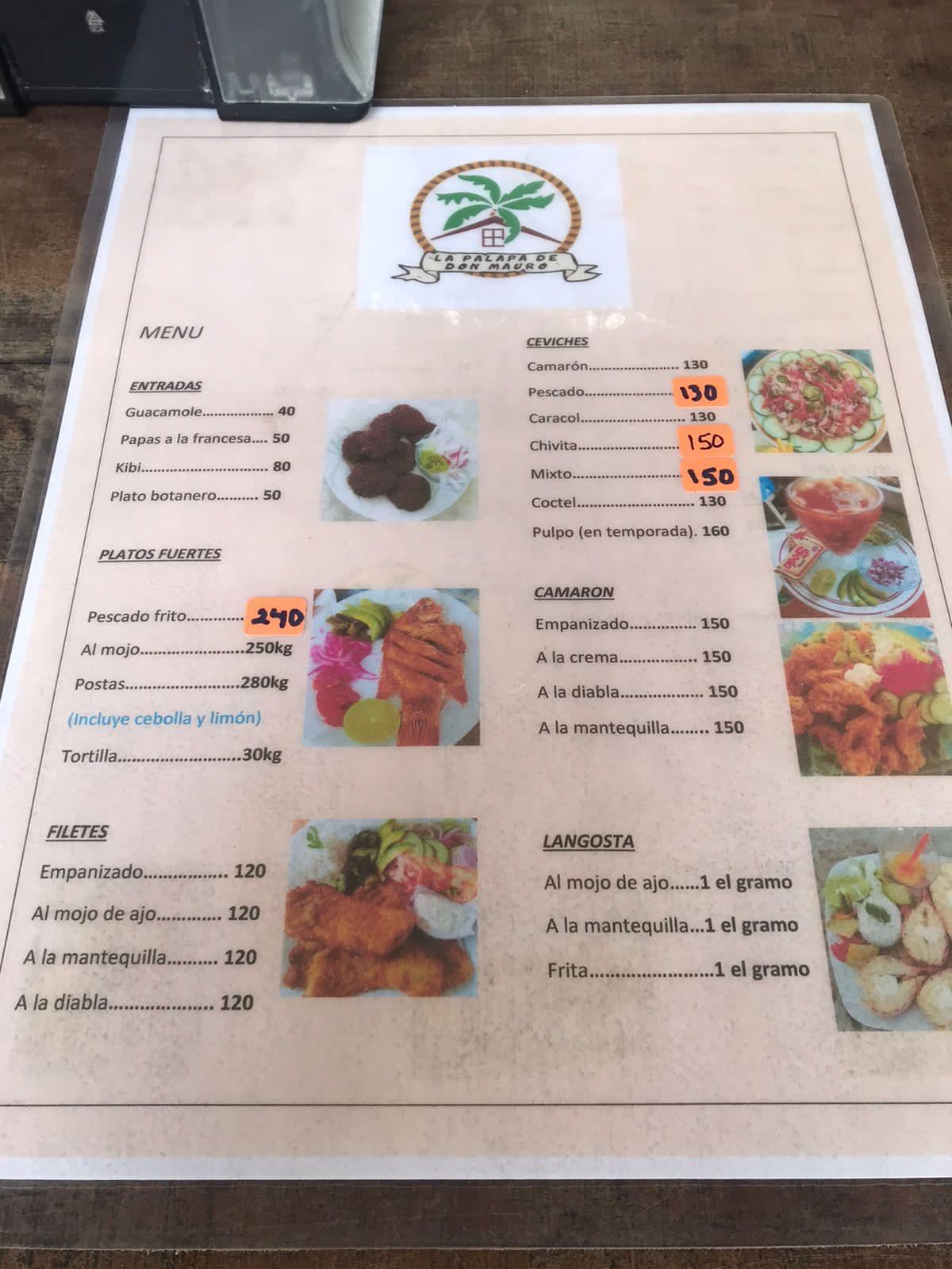 Menu at La palapa de don mauro restaurant, Sisal