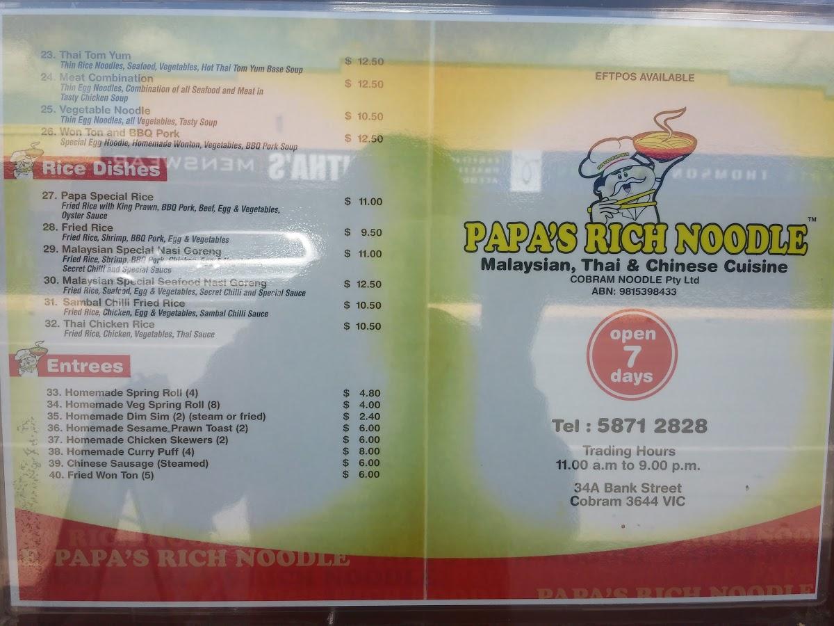 Menu at Papa's Rich Noodle restaurant, Cobram