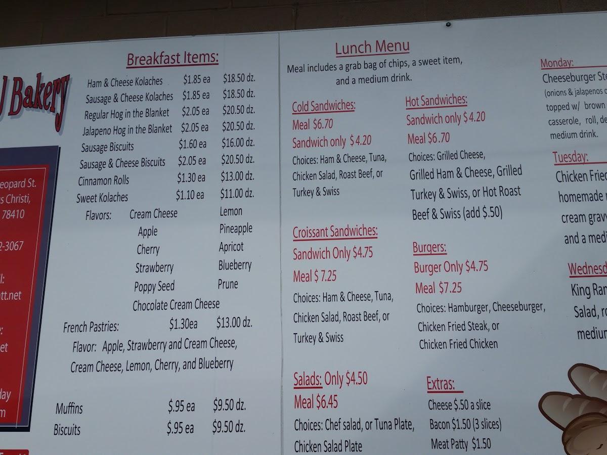 Menu at S & J Bakery, Corpus Christi