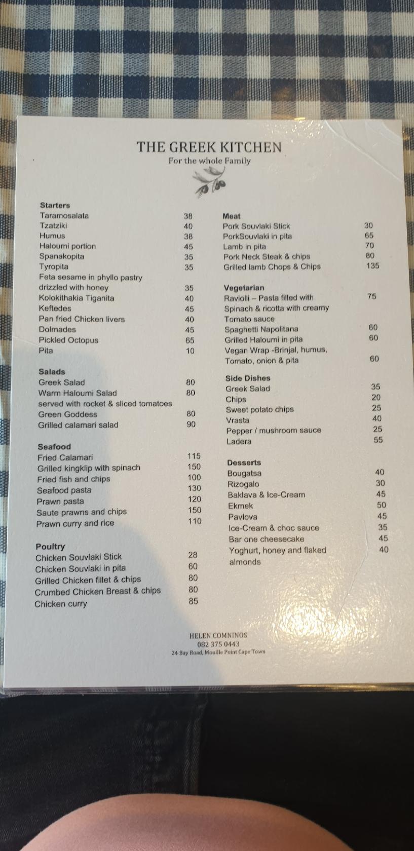 Menu at The Greek Club Restaurant, Cape Town