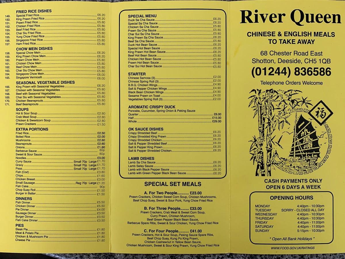 Menu at The River Queen fast food, Shotton
