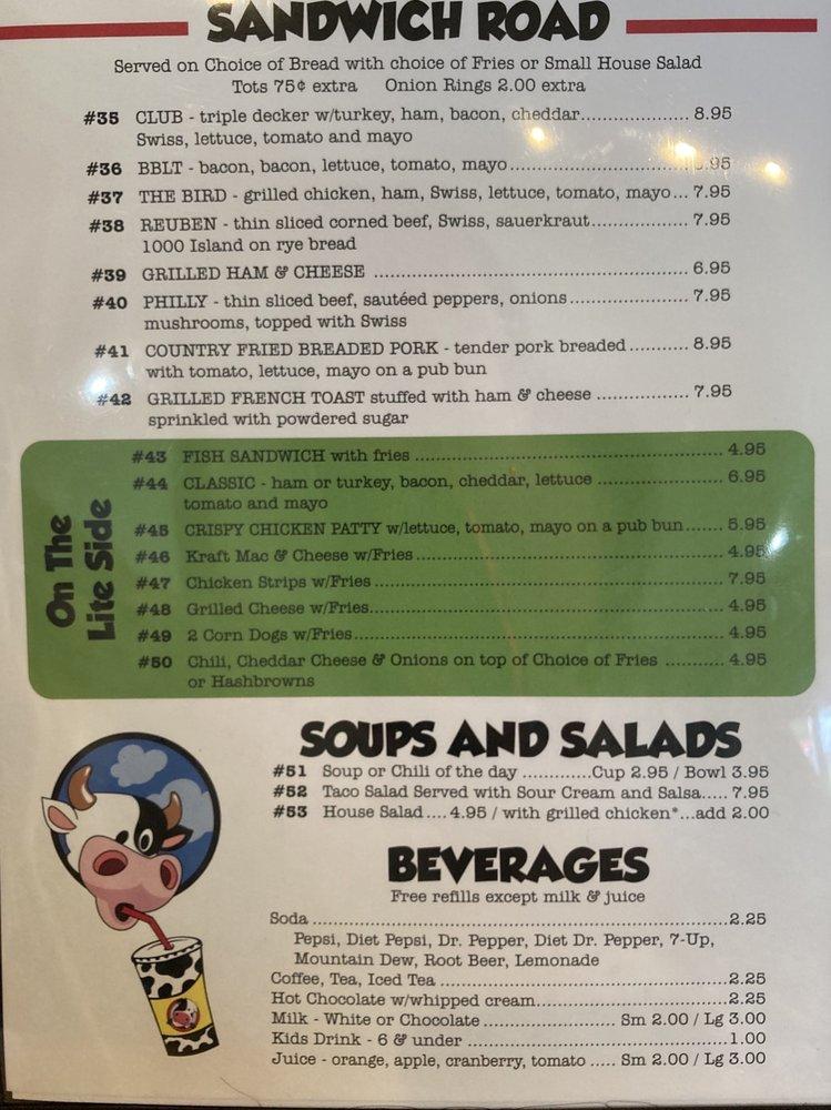 Menu at Tippy cow cafe, Billings