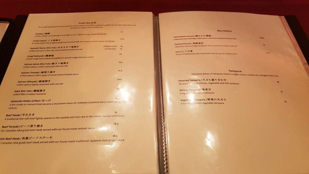 Menu at Aoyama restaurant, Toronto