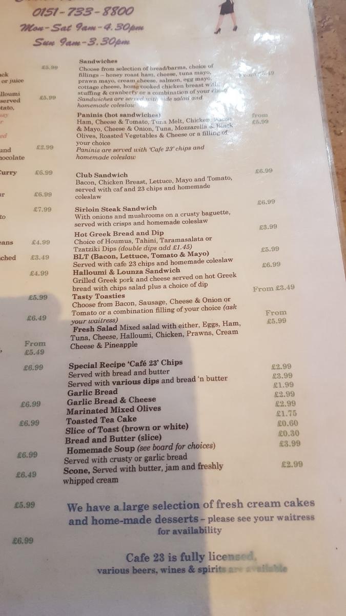 Menu at Cafe 23, Liverpool, 23 Church Rd