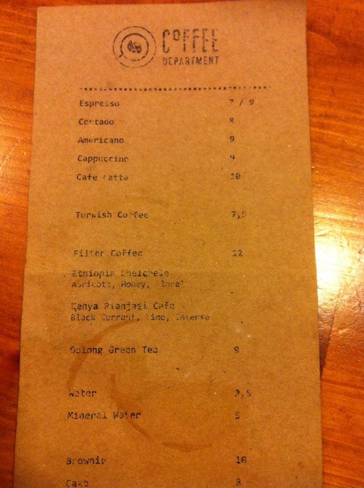 Menu at Coffee Department, Istanbul, Kürkçü Çeşmesi Sk. No:5
