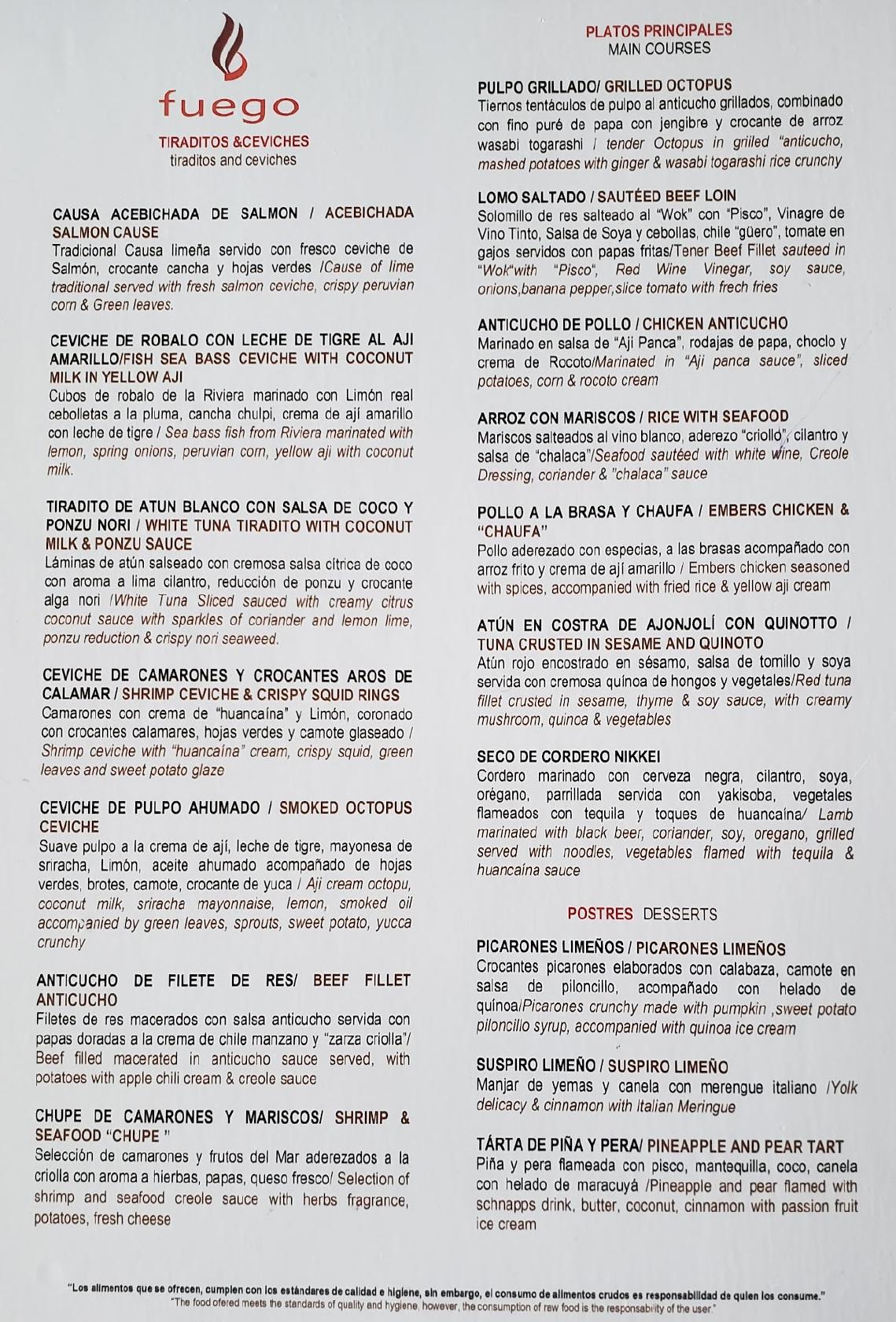 Menu at Fuego restaurant, Cancún