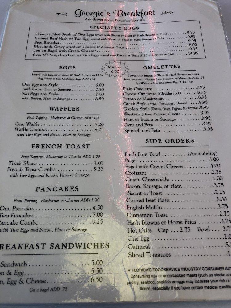 Menu at Georgie's Diner restaurant, St. Augustine