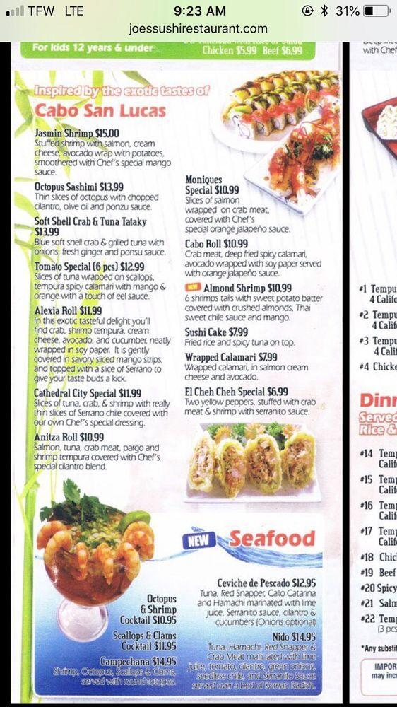Menu at Joe's Sushi restaurant, Bermuda Dunes, Washington St Ste 131