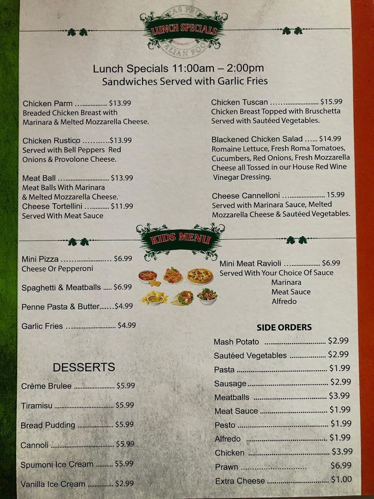 Menu at Pastas Pronto pub & bar, Modesto, Coffee Rd