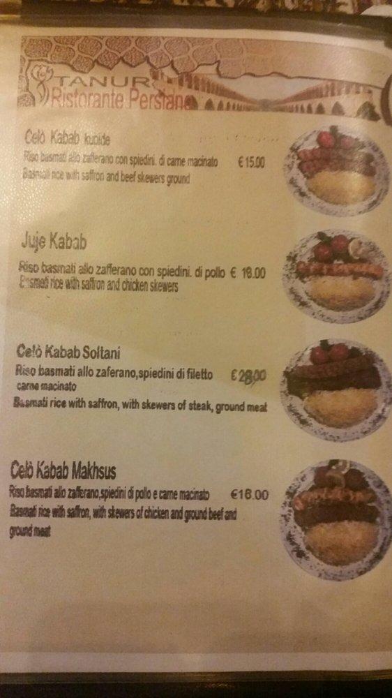 Menu at Tanur restaurant, Rome