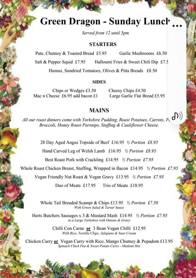Menu at The Green Dragon pub & bar, London Colney